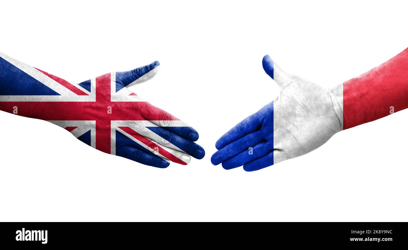 Handshake between France and United Kingdom flags painted on hands ...