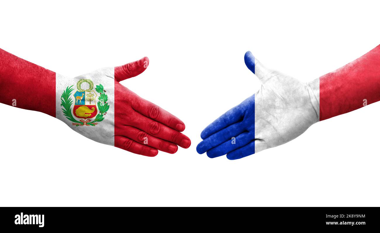 Handshake between France and Peru flags painted on hands, isolated ...
