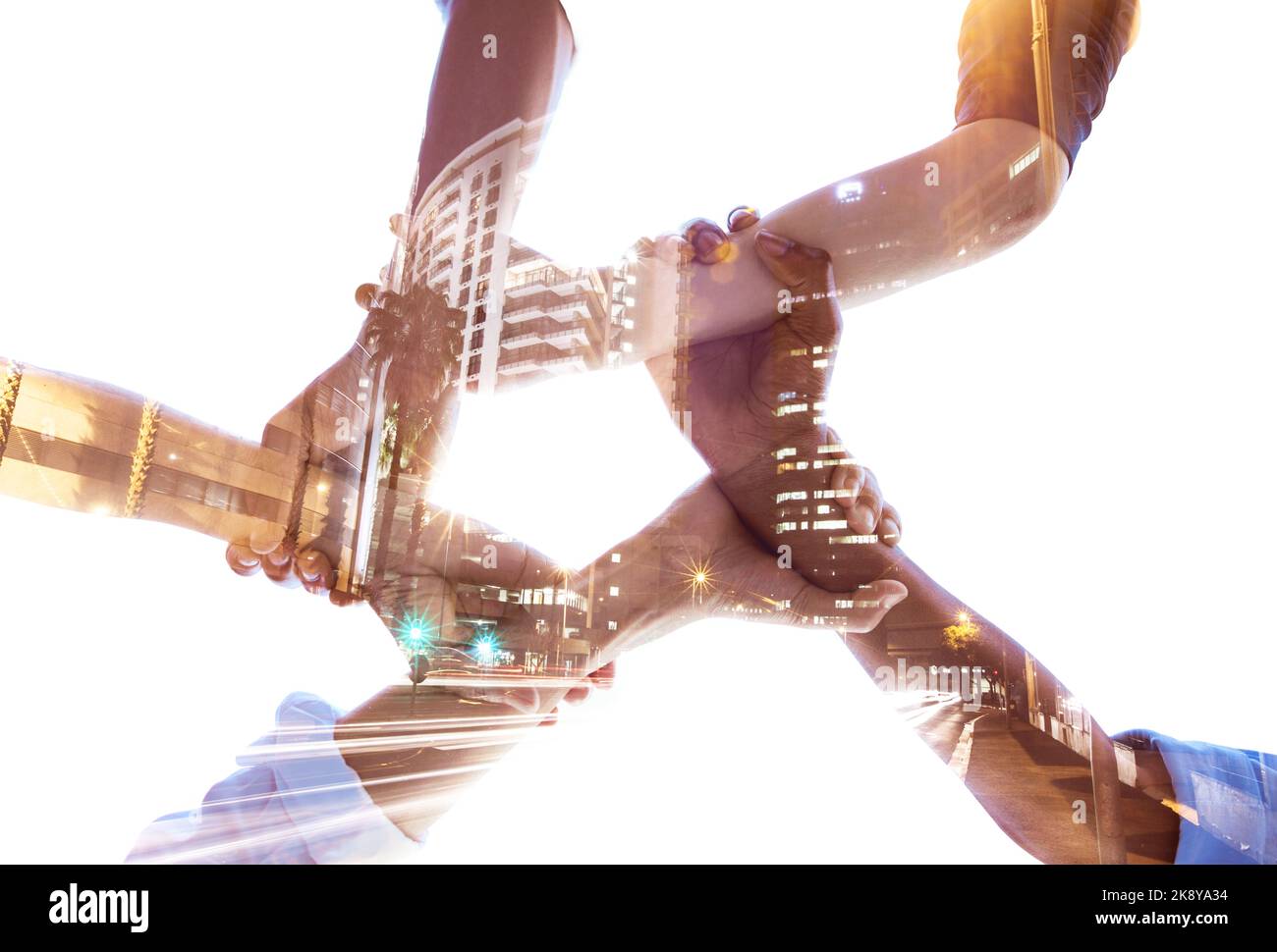 Holding hands, teamwork and diversity with building double exposure for ...