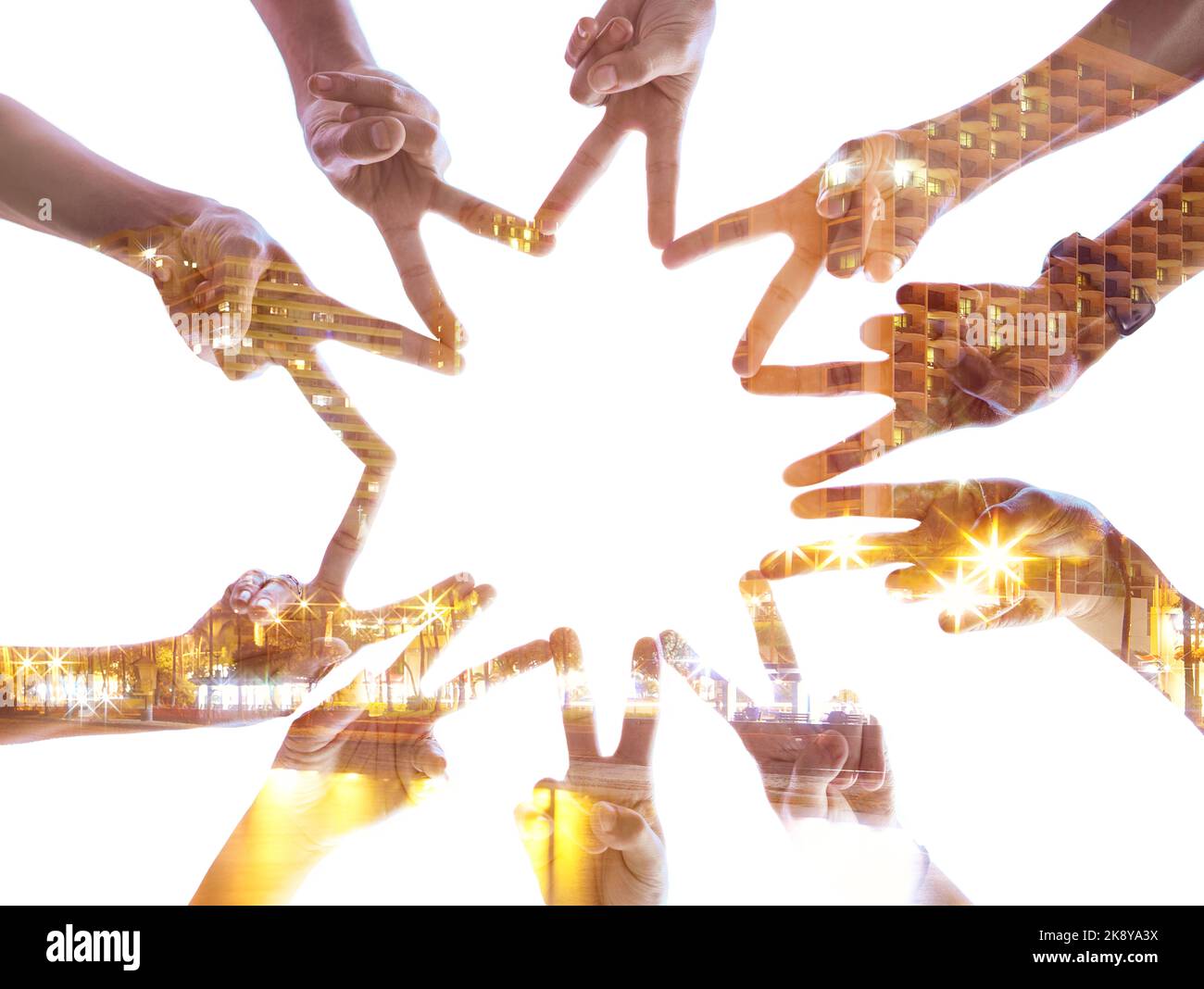 Teamwork, peace fingers and building overlay of group together during ...