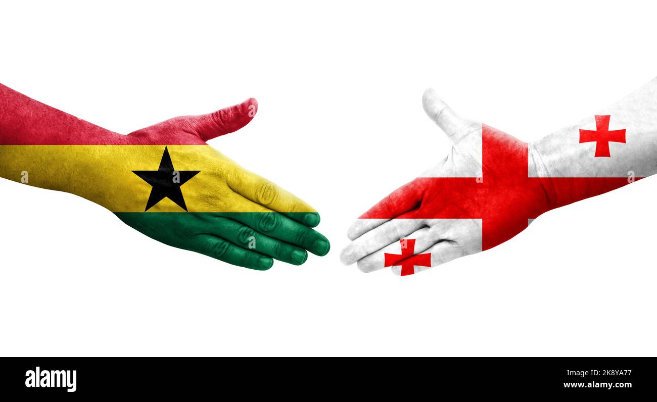 Handshake between Georgia and Ghana flags painted on hands, isolated ...