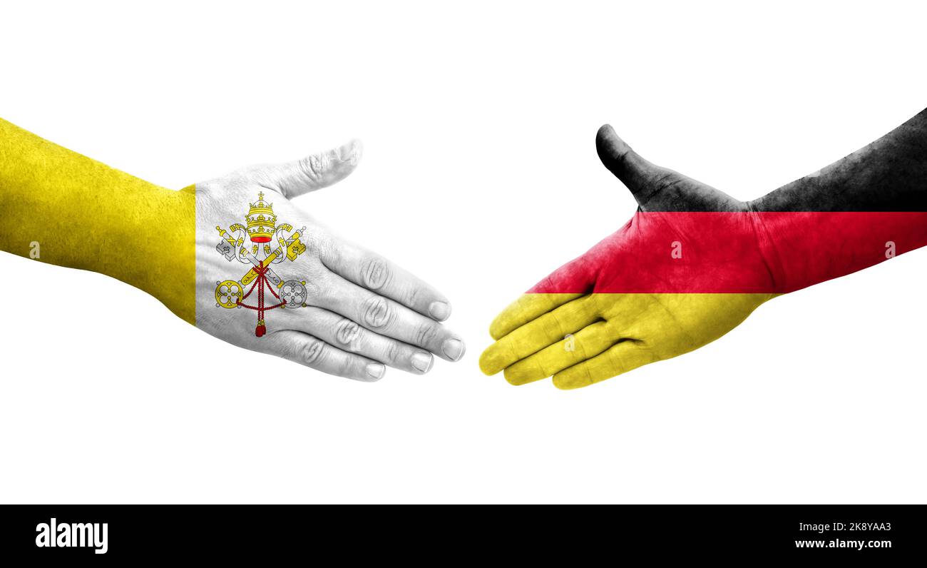 Handshake between Germany and Holy See flags painted on hands, isolated ...