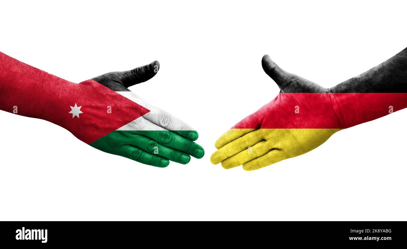 Handshake between Germany and Jordan flags painted on hands, isolated ...