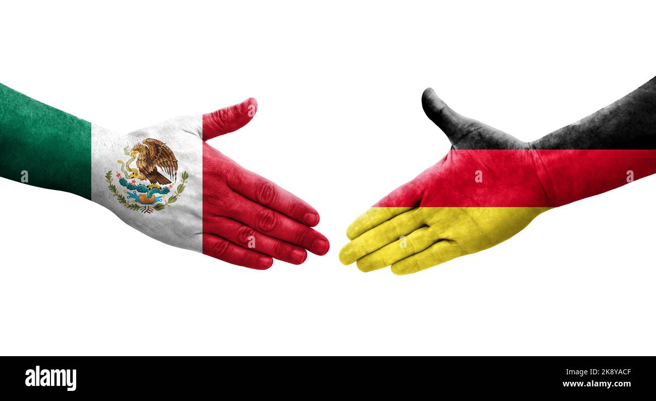 Handshake between Germany and Mexico flags painted on hands, isolated ...