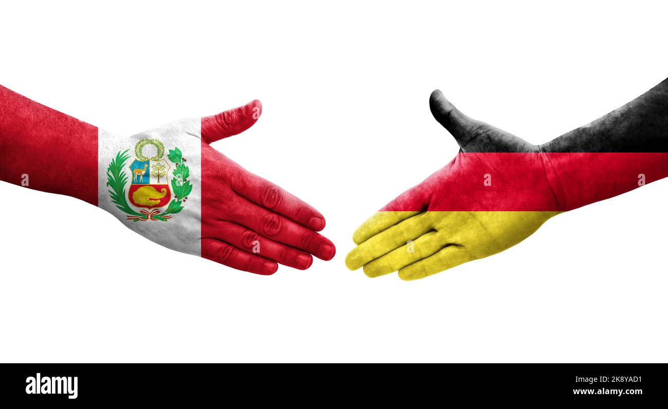Handshake between Germany and Peru flags painted on hands, isolated ...