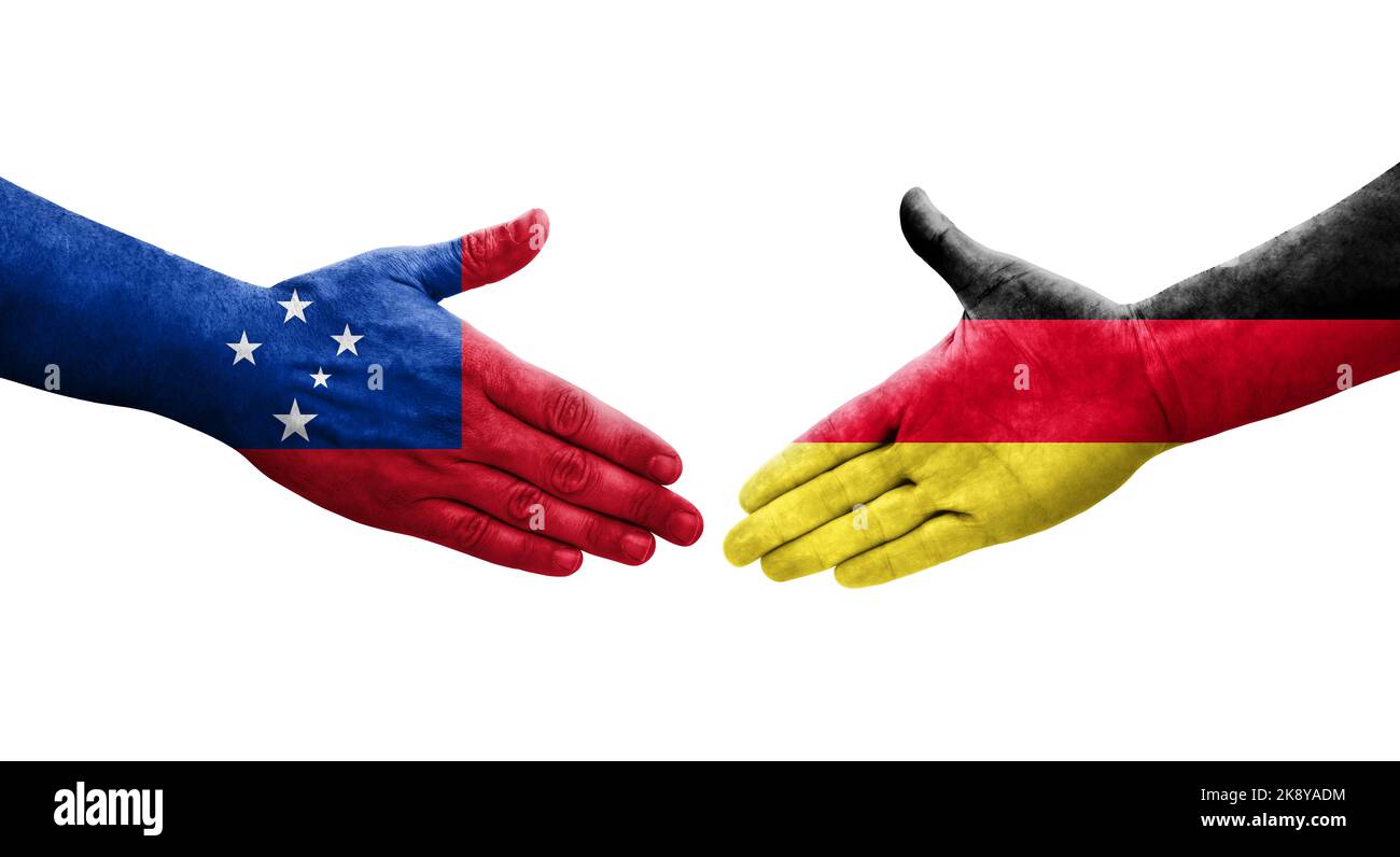 Handshake between Germany and Samoa flags painted on hands, isolated ...