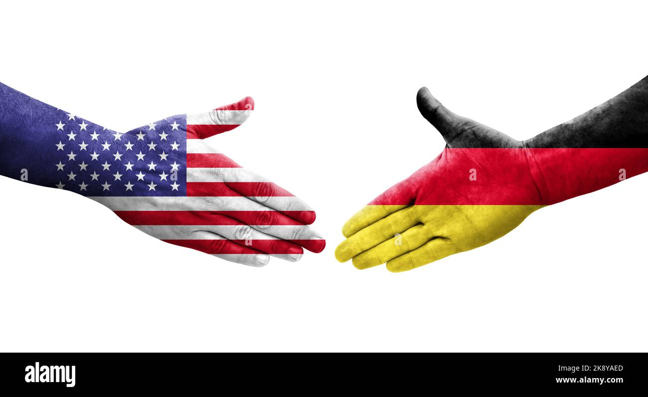 Handshake between Germany and USA flags painted on hands, isolated ...