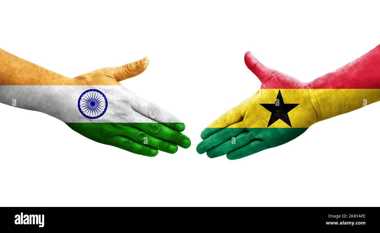 Handshake between Ghana and India flags painted on hands, isolated ...
