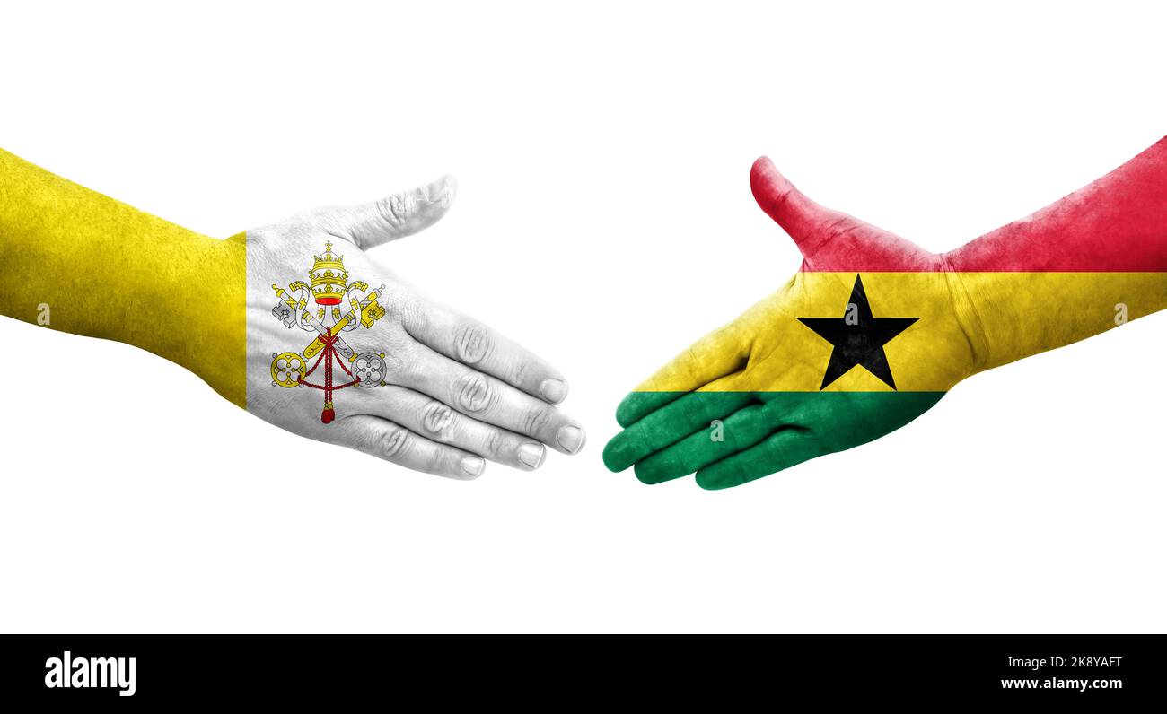 Handshake between Ghana and Holy See flags painted on hands, isolated ...