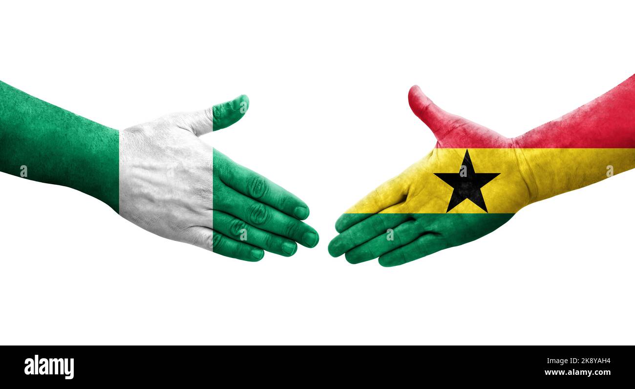 Handshake between Ghana and Nigeria flags painted on hands, isolated ...