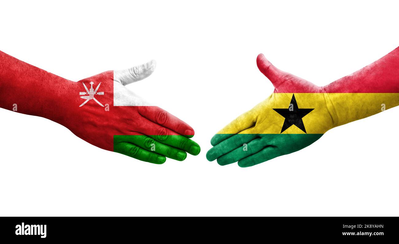 Handshake between Ghana and Oman flags painted on hands, isolated ...