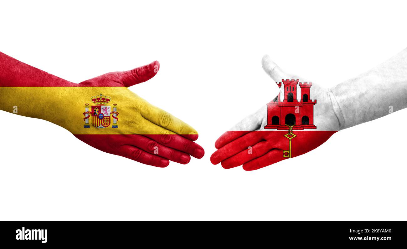 Handshake between Ghana and Spain flags painted on hands, isolated ...