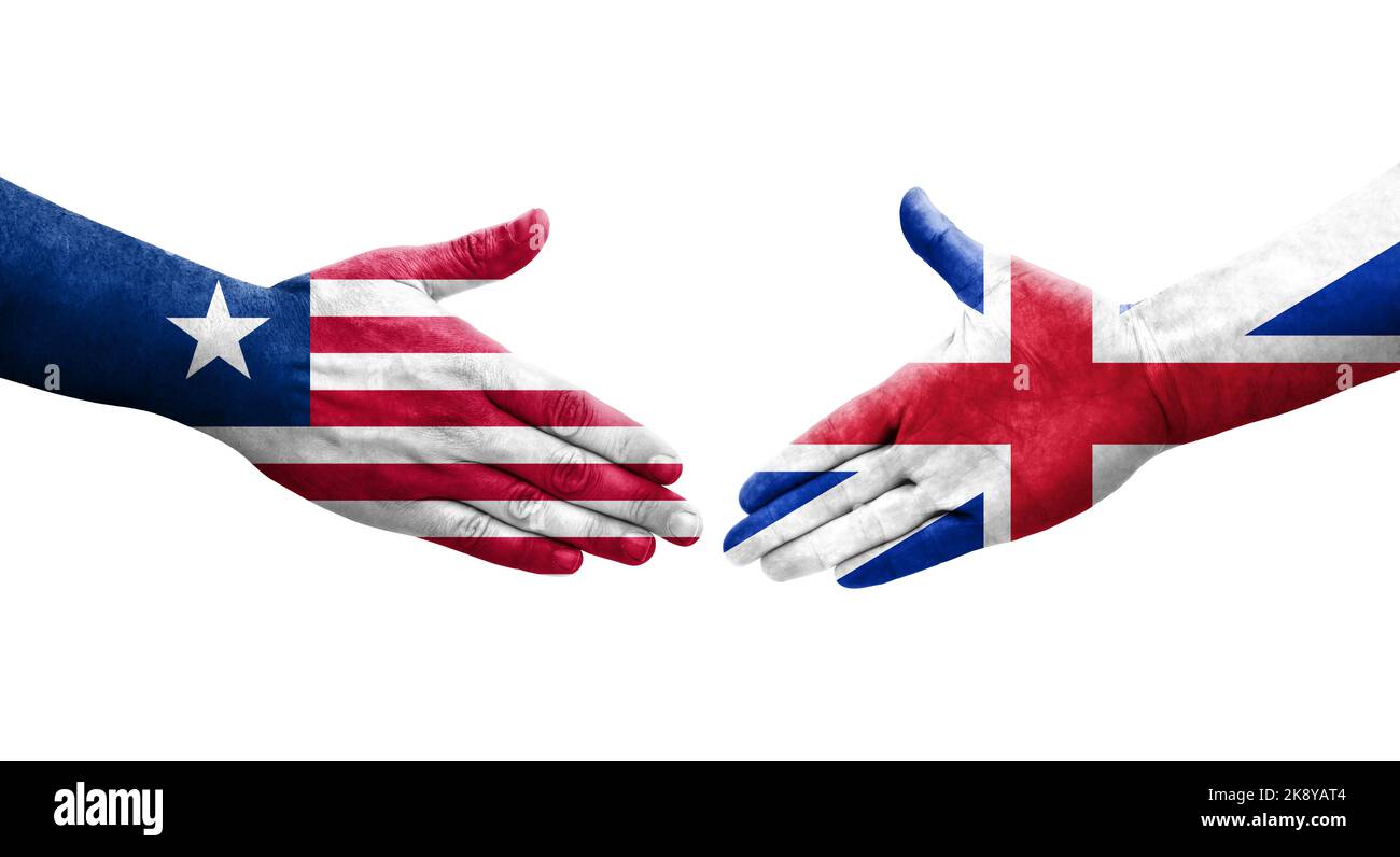Handshake between Great Britain and Liberia flags painted on hands ...
