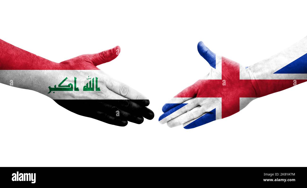 Handshake between Great Britain and Iraq flags painted on hands ...