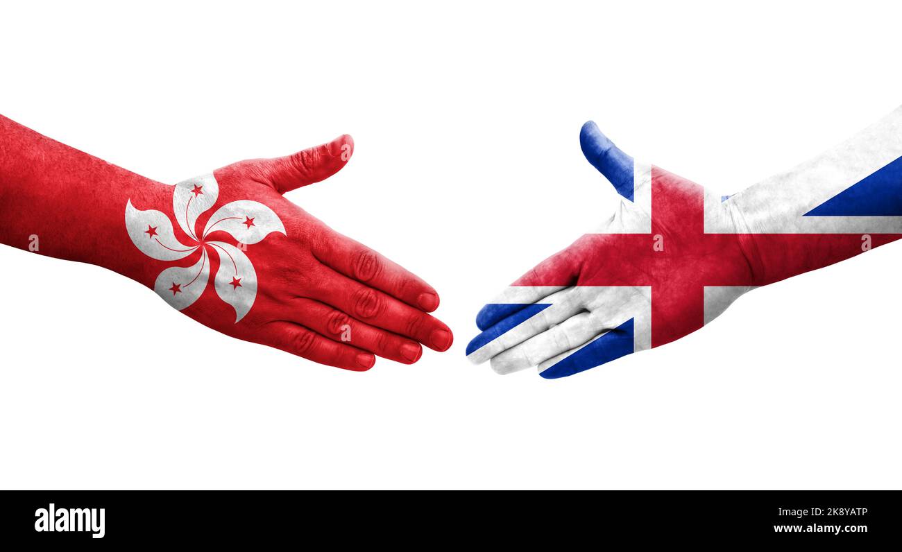 Handshake between Great Britain and Hong Kong flags painted on hands ...