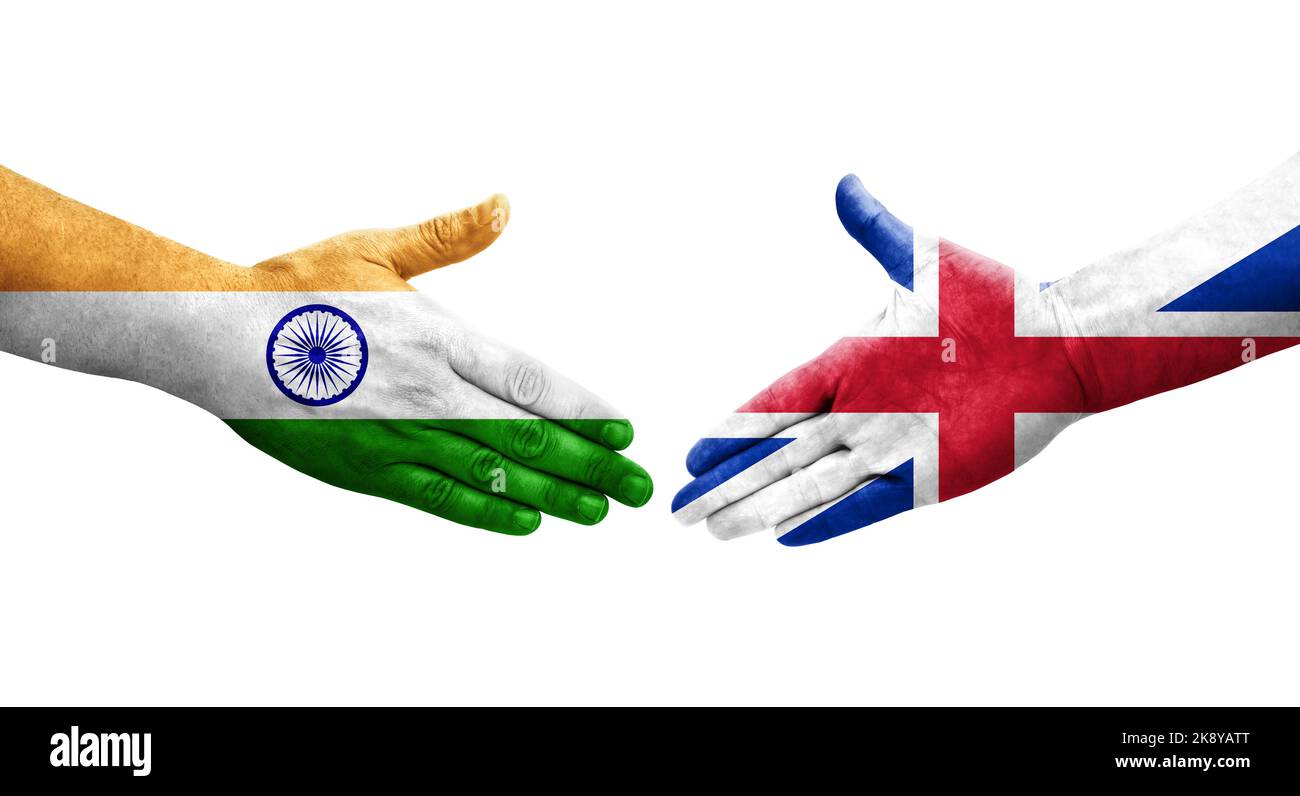 Handshake between Great Britain and India flags painted on hands ...