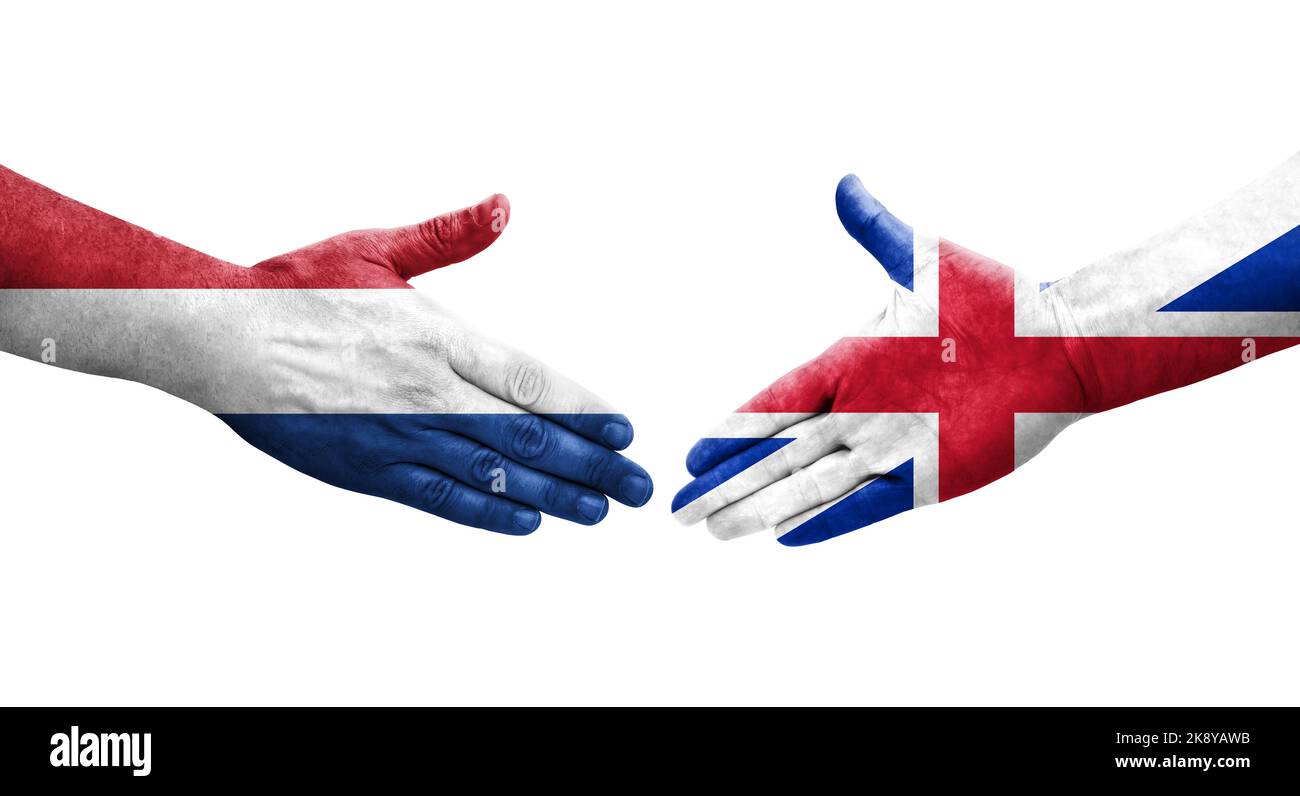 Handshake between Great Britain and Netherlands flags painted on hands ...