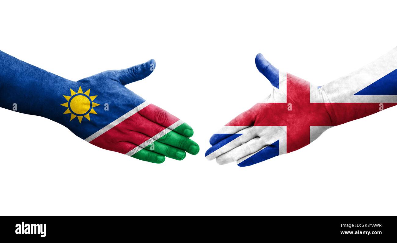 Handshake between Great Britain and Namibia flags painted on hands ...