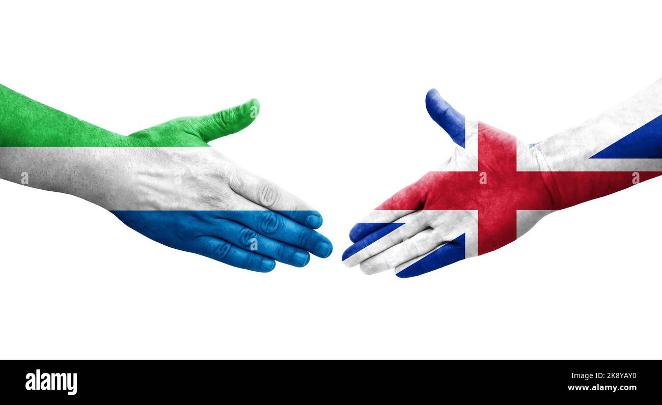 Handshake between Great Britain and Sierra Leone flags painted on hands ...