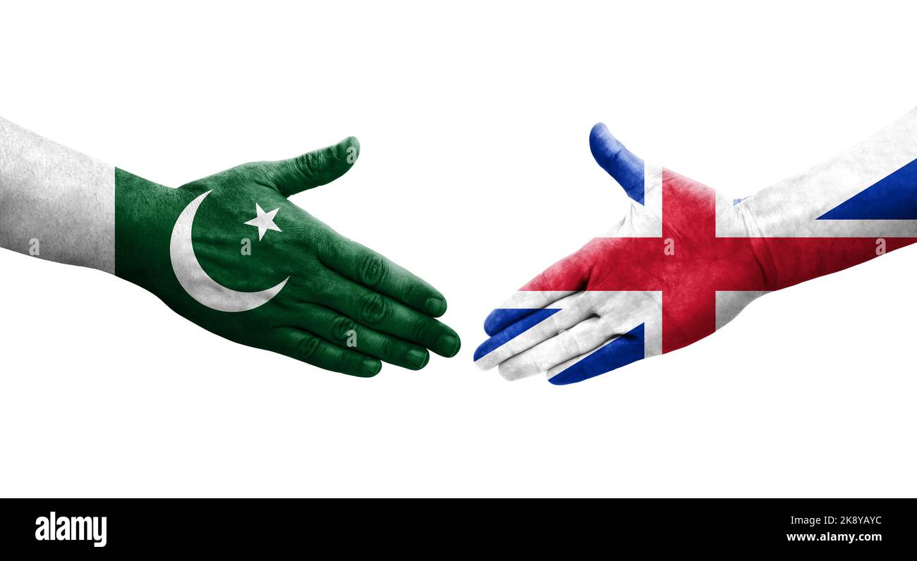 Handshake between Great Britain and Pakistan flags painted on hands ...