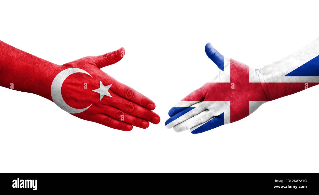 Handshake between Great Britain and Turkey flags painted on hands ...