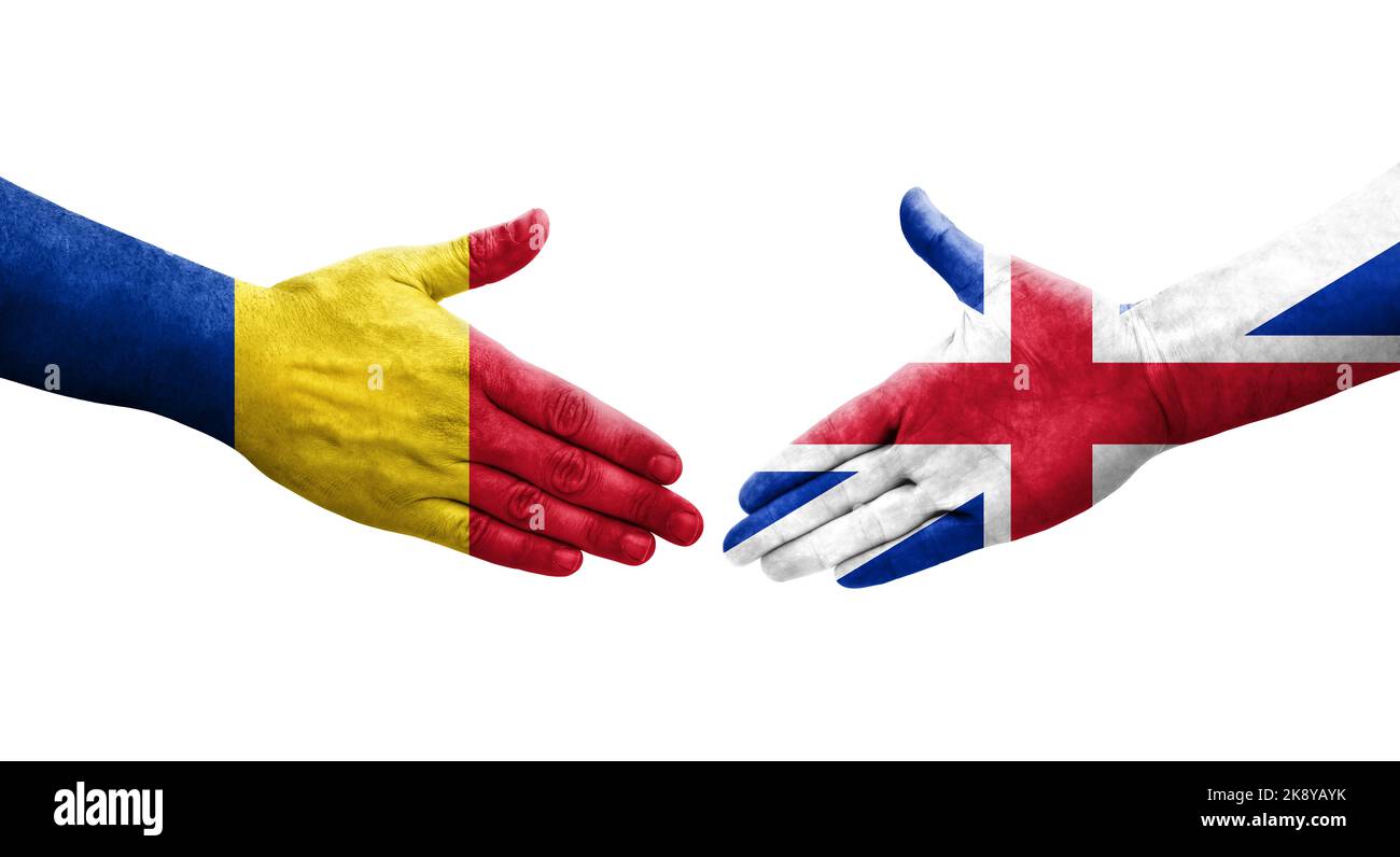 Handshake between Great Britain and Romania flags painted on hands ...