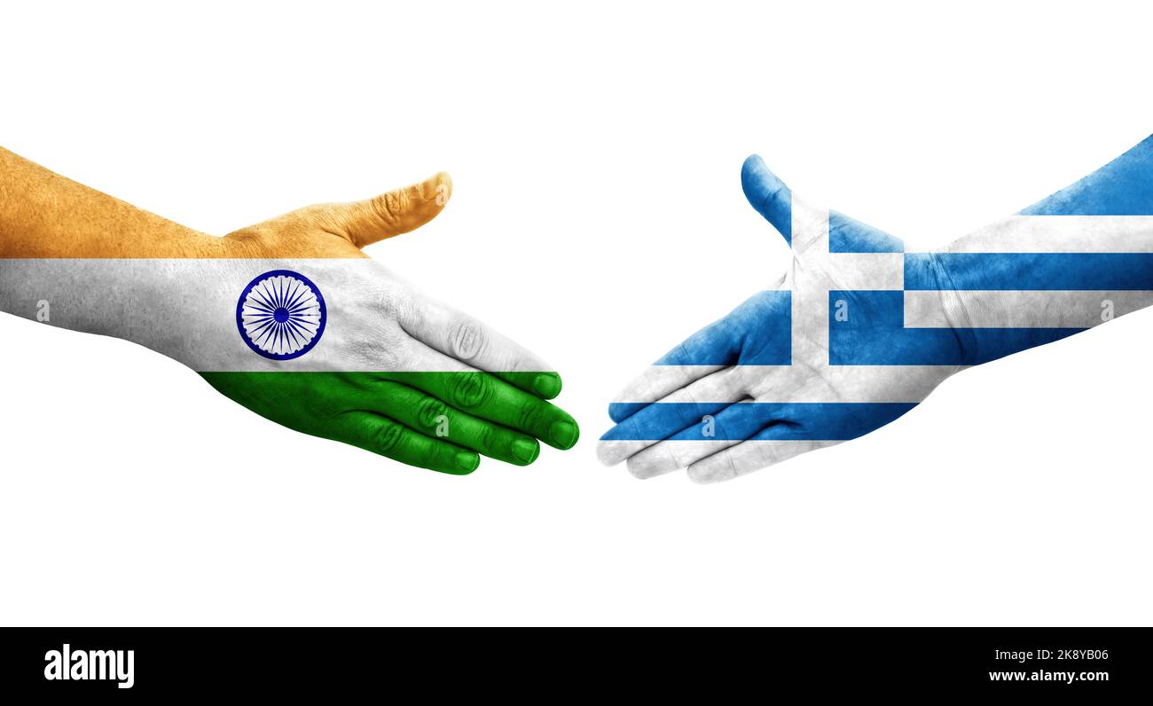 Handshake between Greece and India flags painted on hands, isolated ...