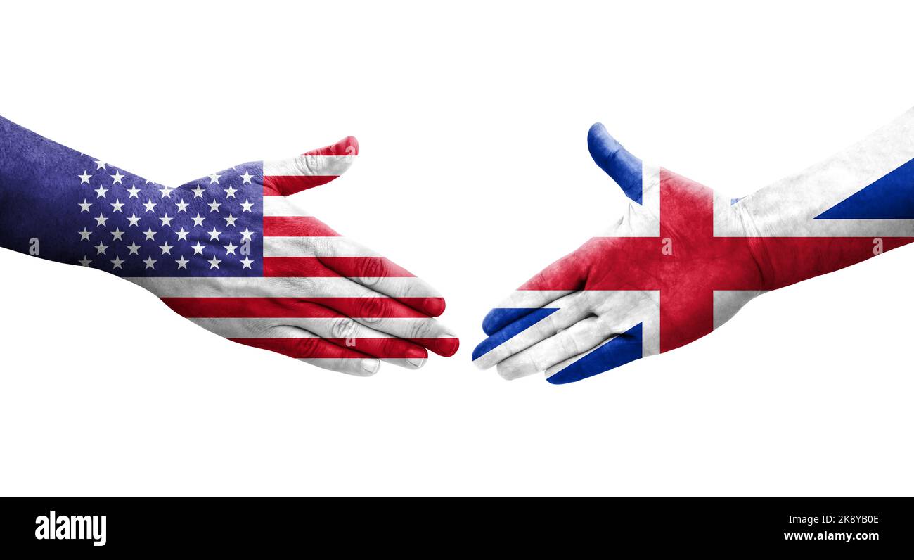 Handshake between Great Britain and USA flags painted on hands ...
