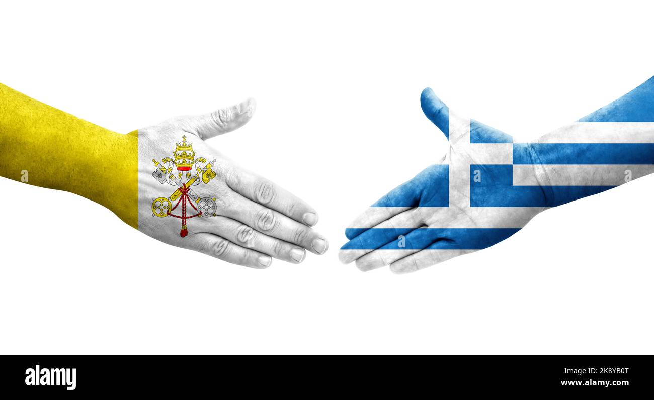 Handshake between Greece and Holy See flags painted on hands, isolated ...