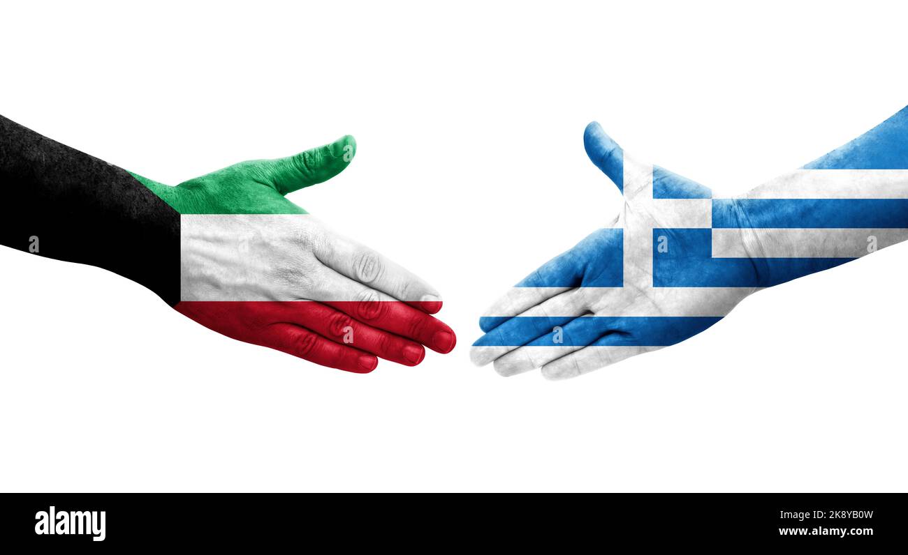 Handshake between Greece and Kuwait flags painted on hands, isolated ...