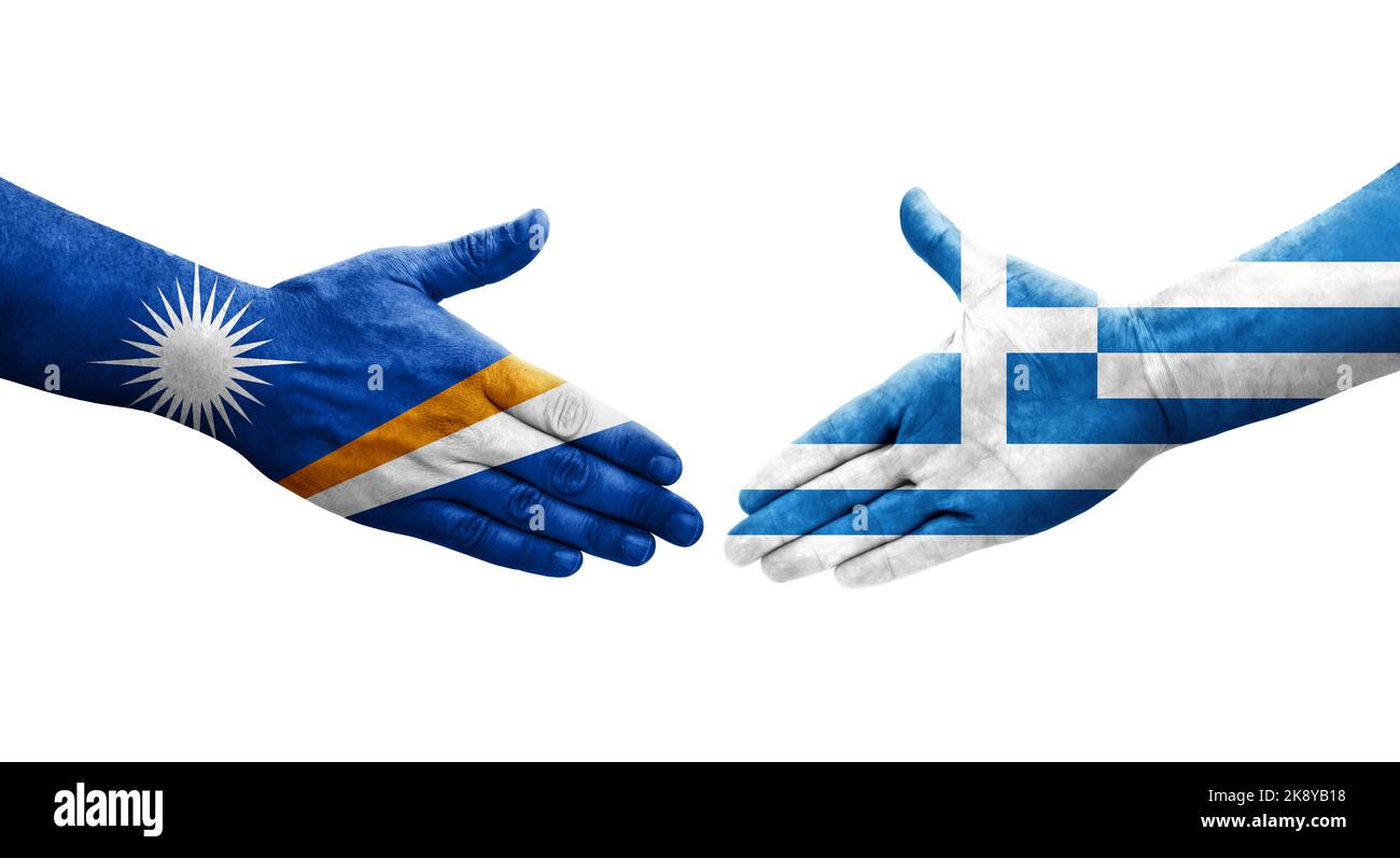 Handshake between Greece and Marshall Islands flags painted on hands ...