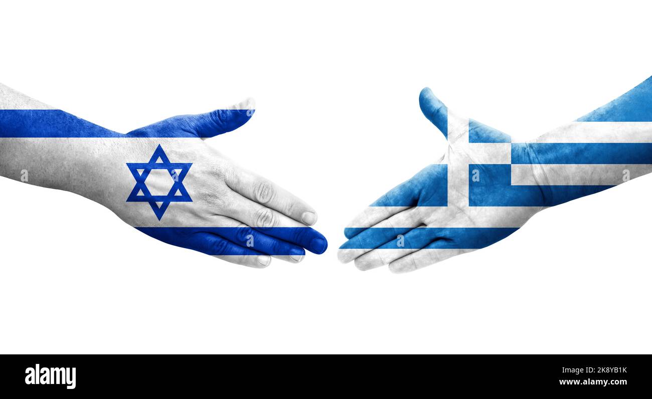 Handshake between Greece and Israel flags painted on hands, isolated ...