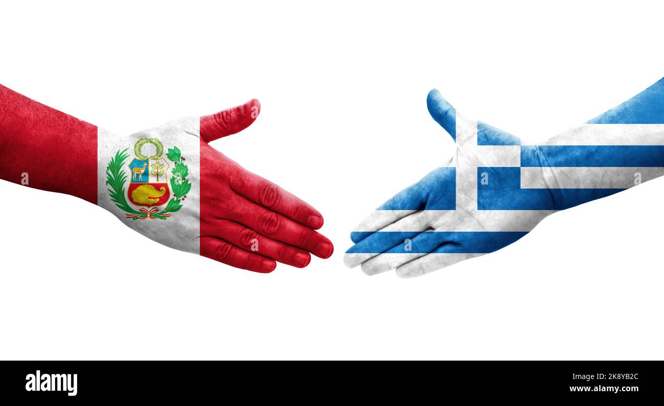 Handshake between Greece and Peru flags painted on hands, isolated ...