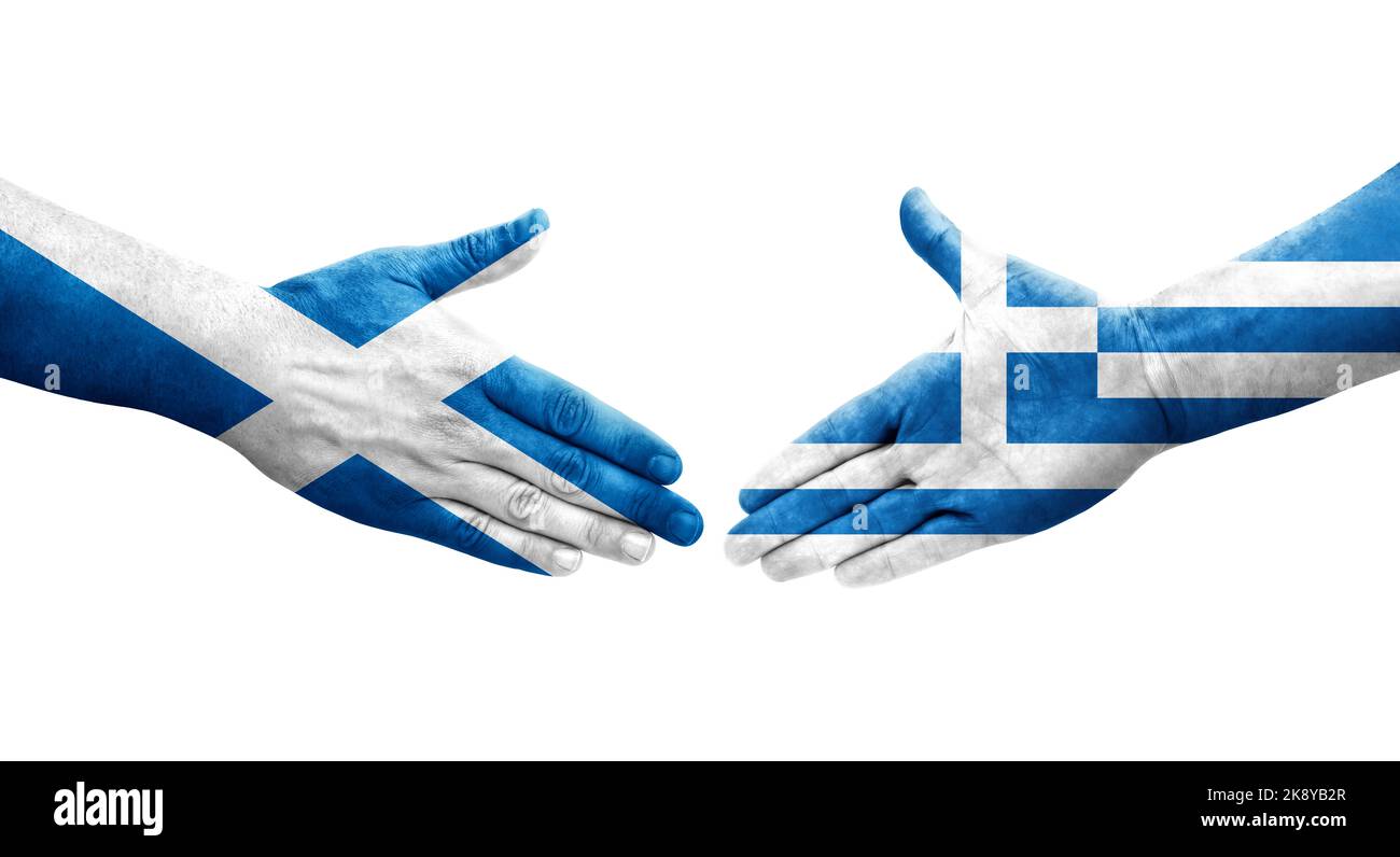 Handshake between Greece and Scotland flags painted on hands, isolated ...