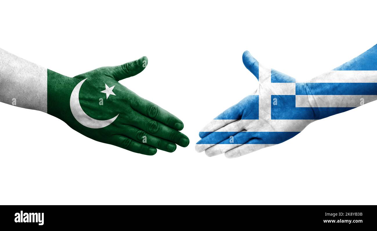 Handshake between Greece and Pakistan flags painted on hands, isolated ...
