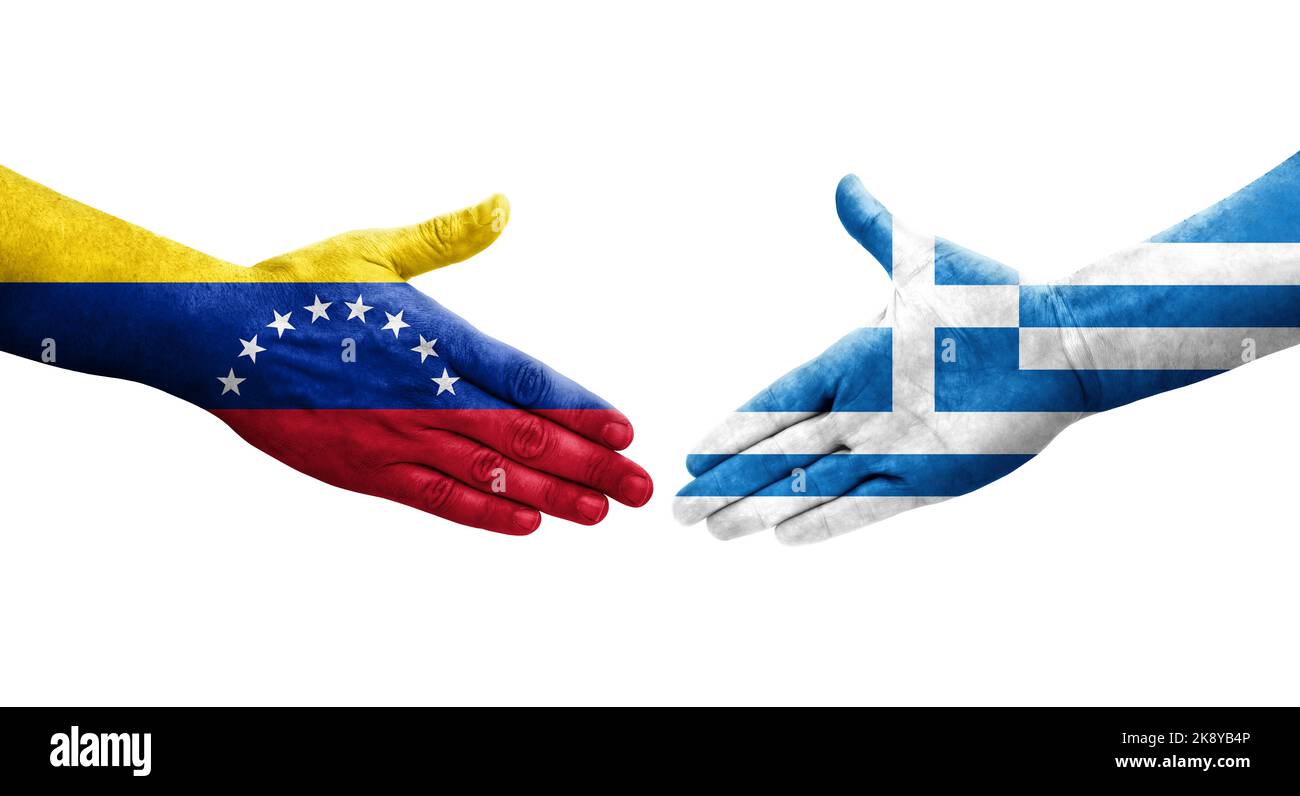 Handshake between Greece and Venezuela flags painted on hands, isolated ...