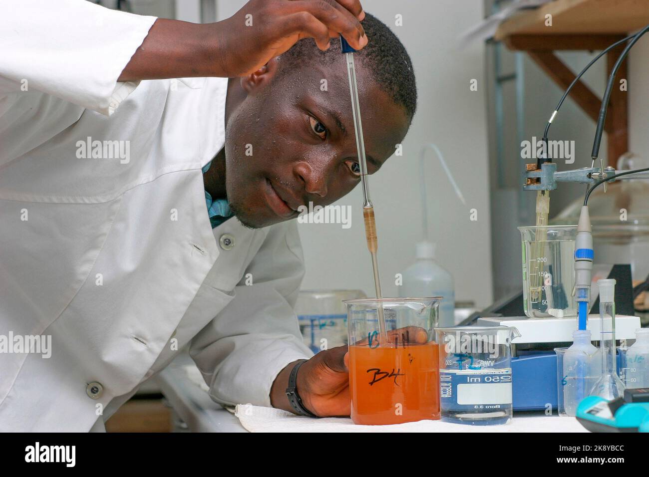 Ghana, Samreboi. Groundwater is being examinated by a laboratorian of ...