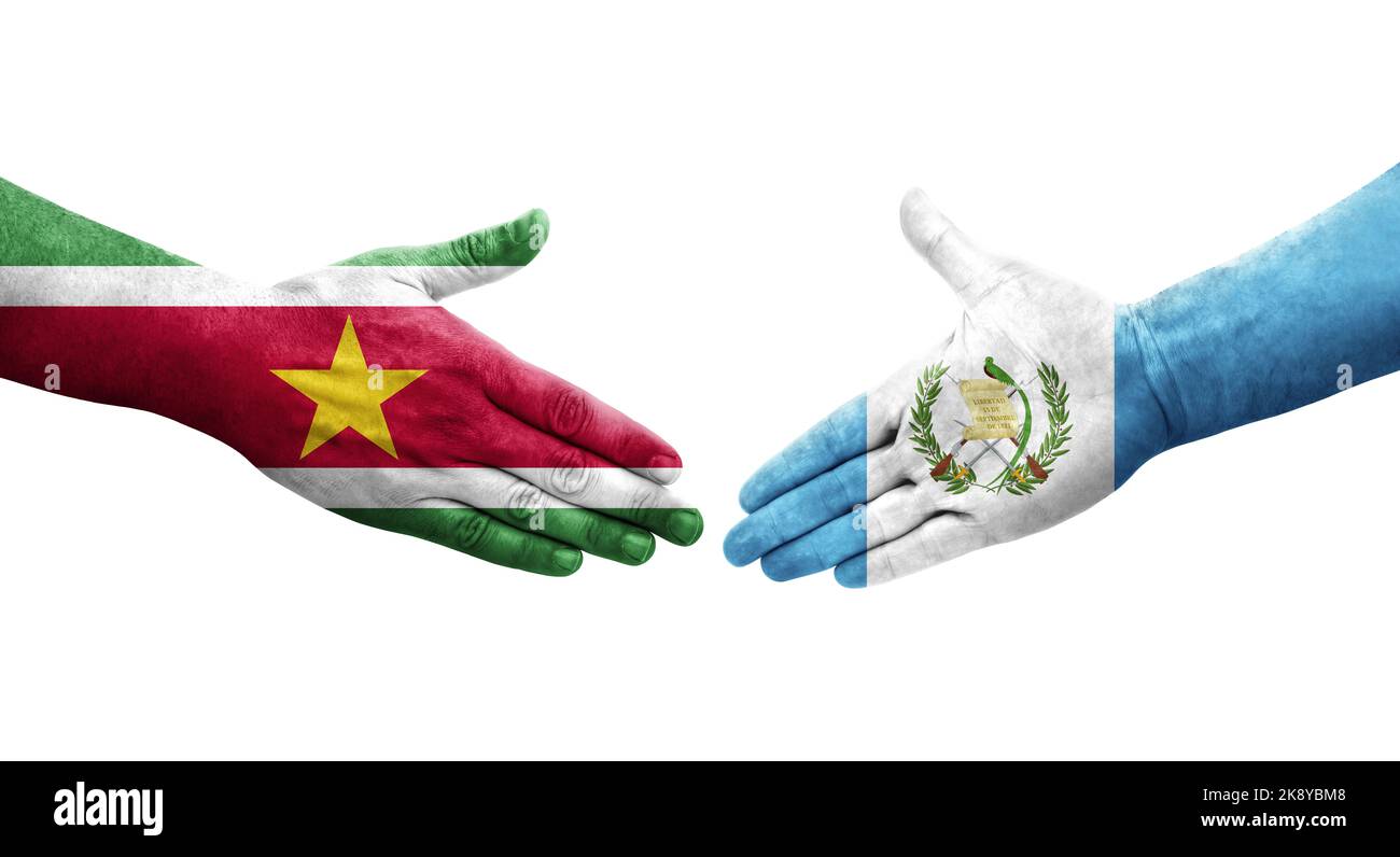 Handshake between Guatemala and Suriname flags painted on hands ...
