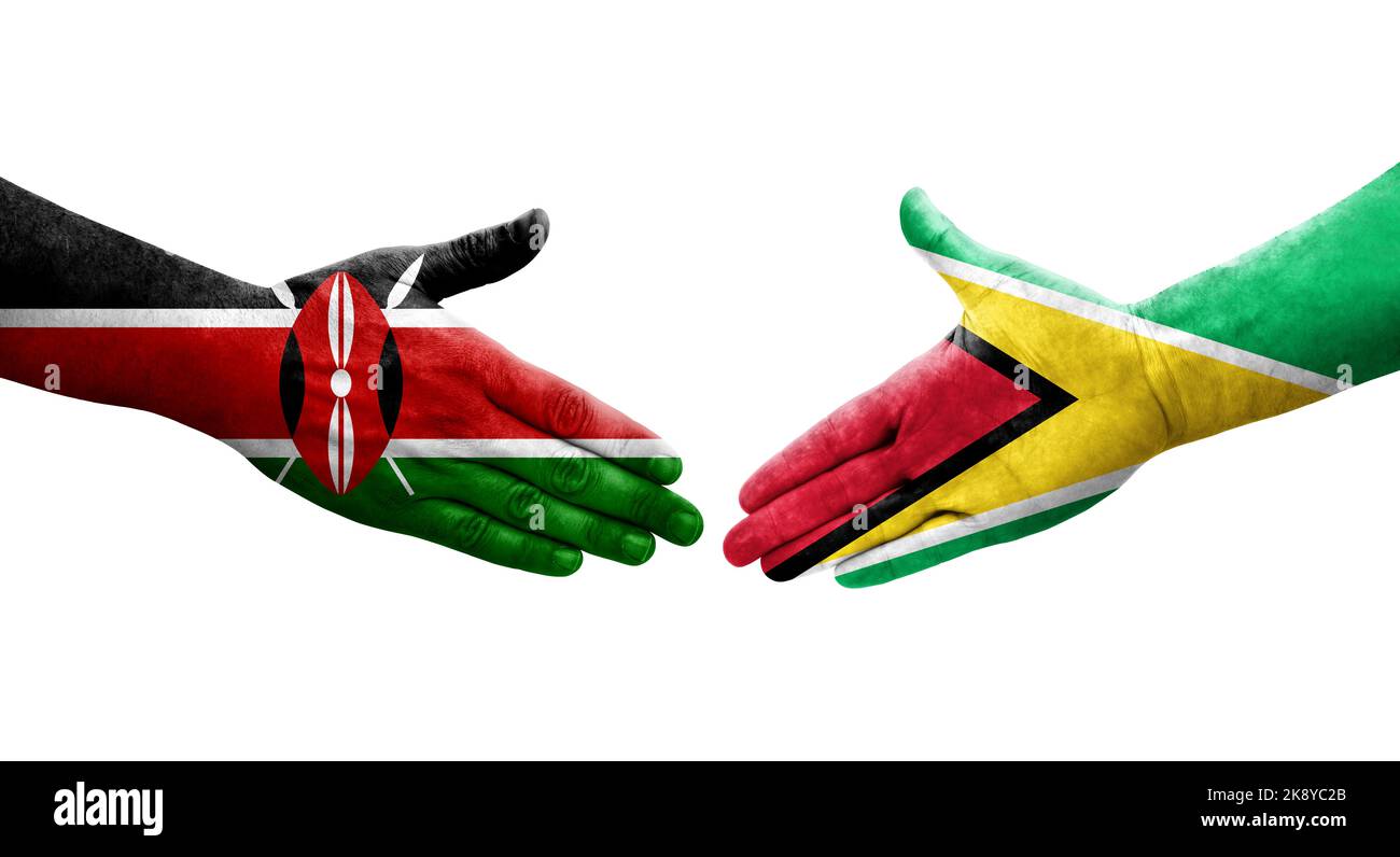 Handshake between Guyana and Kenya flags painted on hands, isolated ...