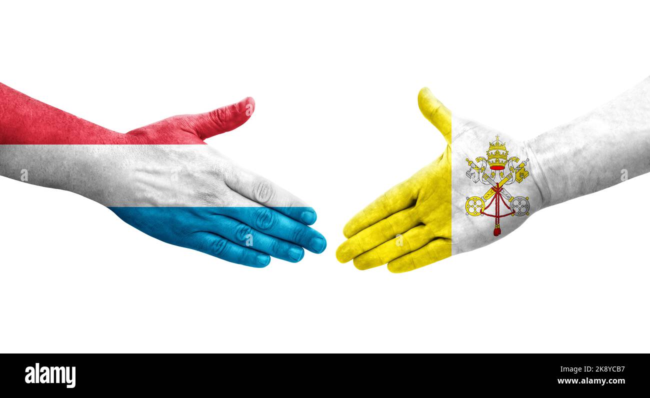 Handshake between Holy See and Luxembourg flags painted on hands ...