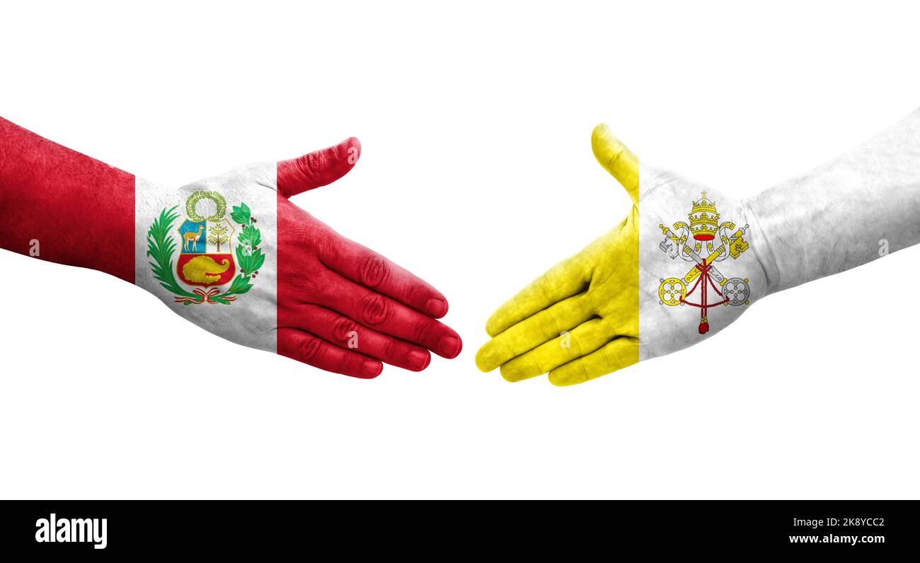 Handshake between Holy See and Peru flags painted on hands, isolated ...