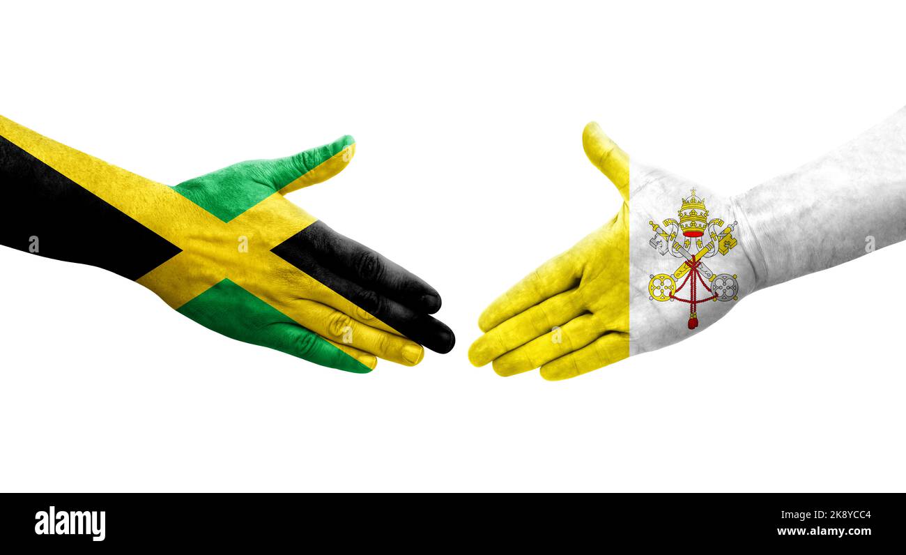 Handshake between Holy See and Jamaica flags painted on hands, isolated ...