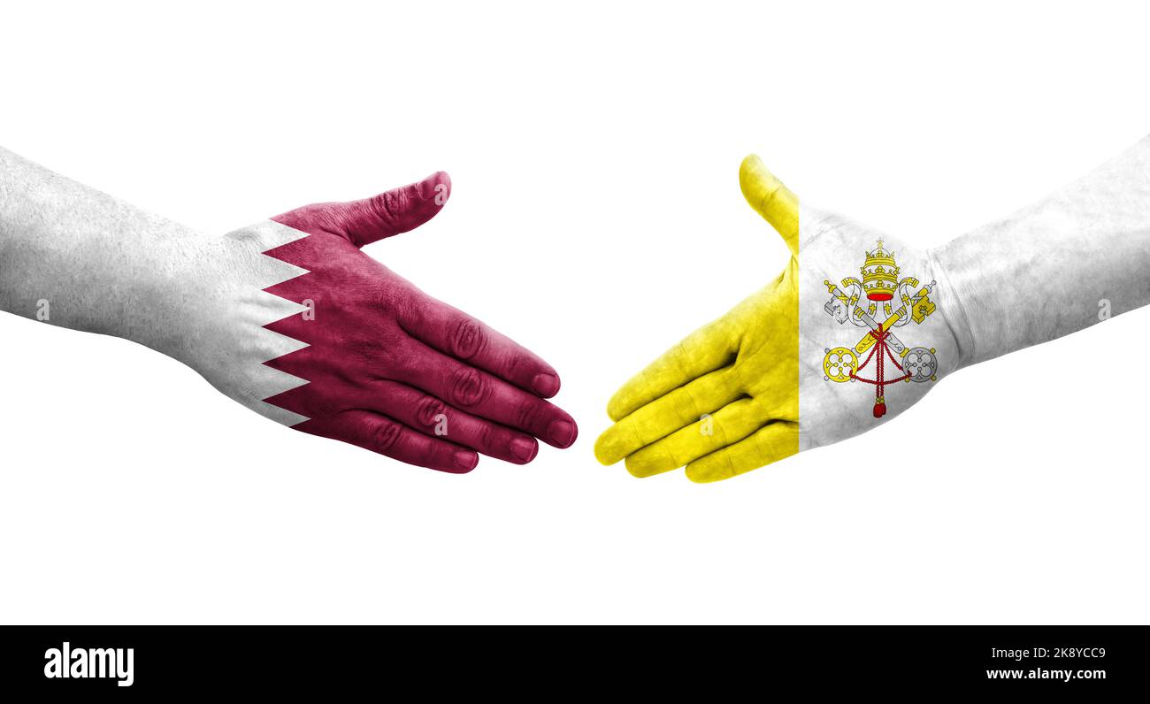 Handshake between Holy See and Qatar flags painted on hands, isolated ...