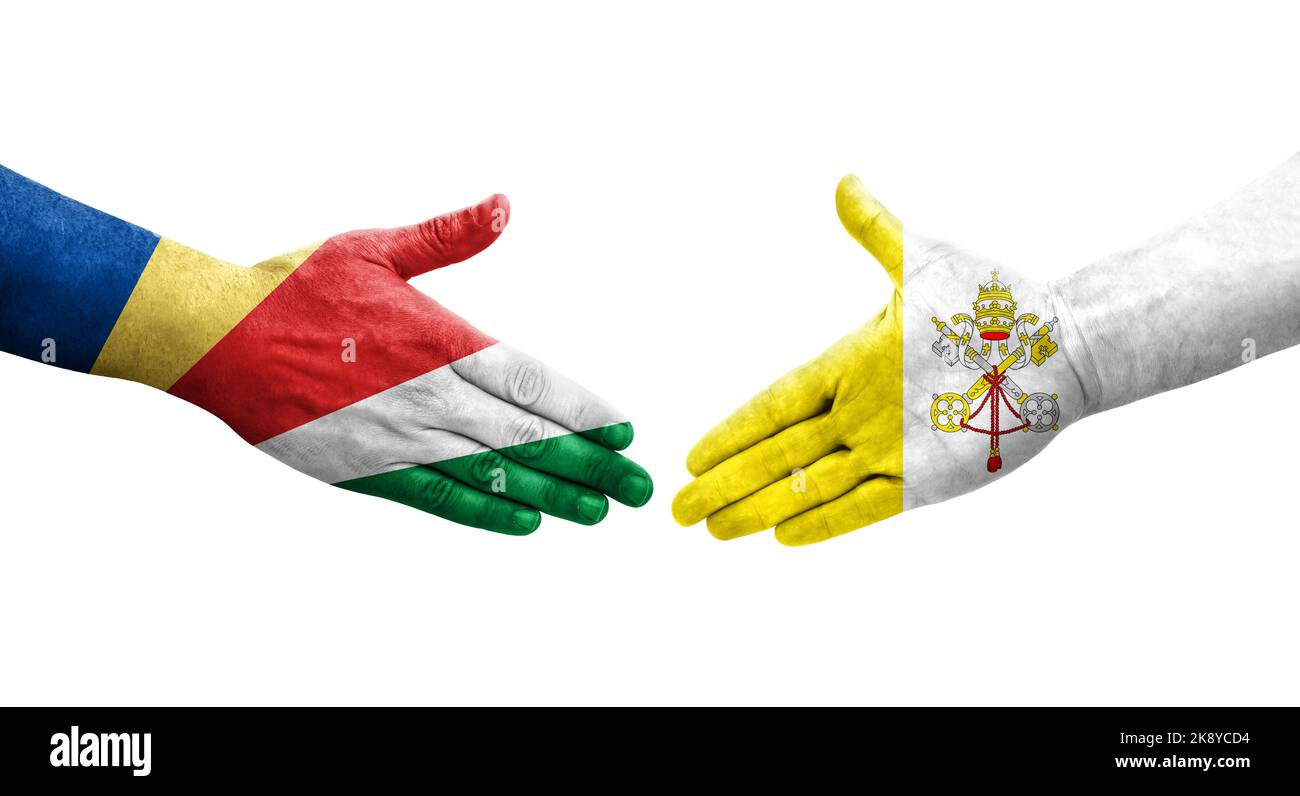 Handshake between Holy See and Seychelles flags painted on hands ...