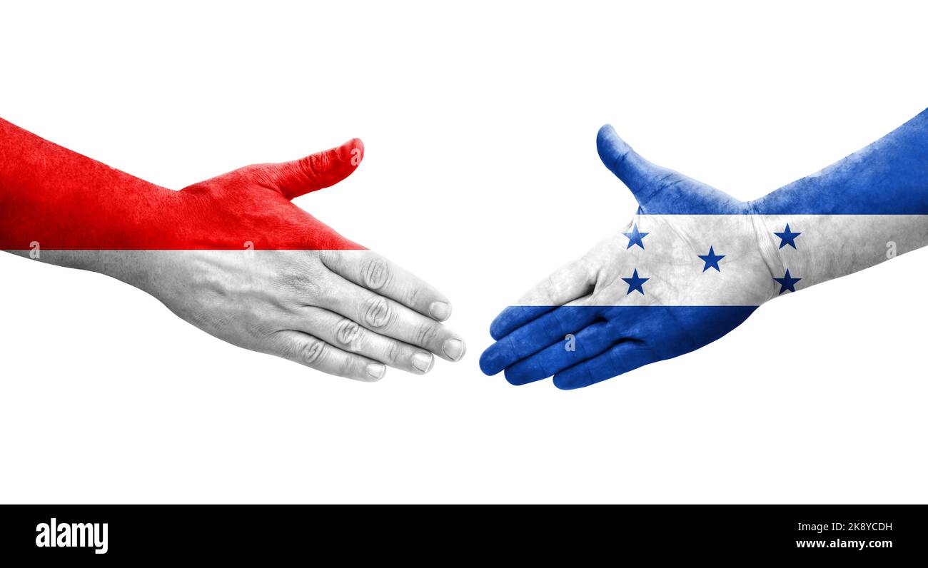 Handshake between Honduras and Indonesia flags painted on hands ...