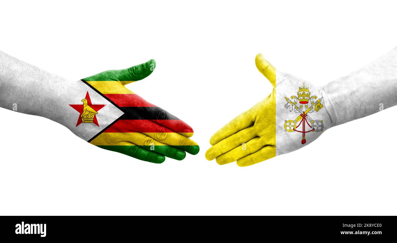 Handshake between Holy See and Zimbabwe flags painted on hands ...