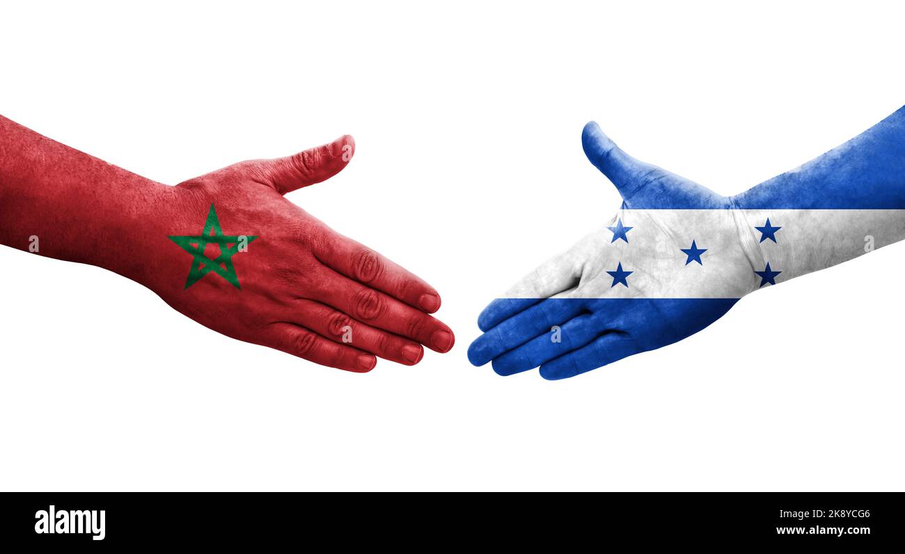 Handshake between Honduras and Morocco flags painted on hands, isolated ...