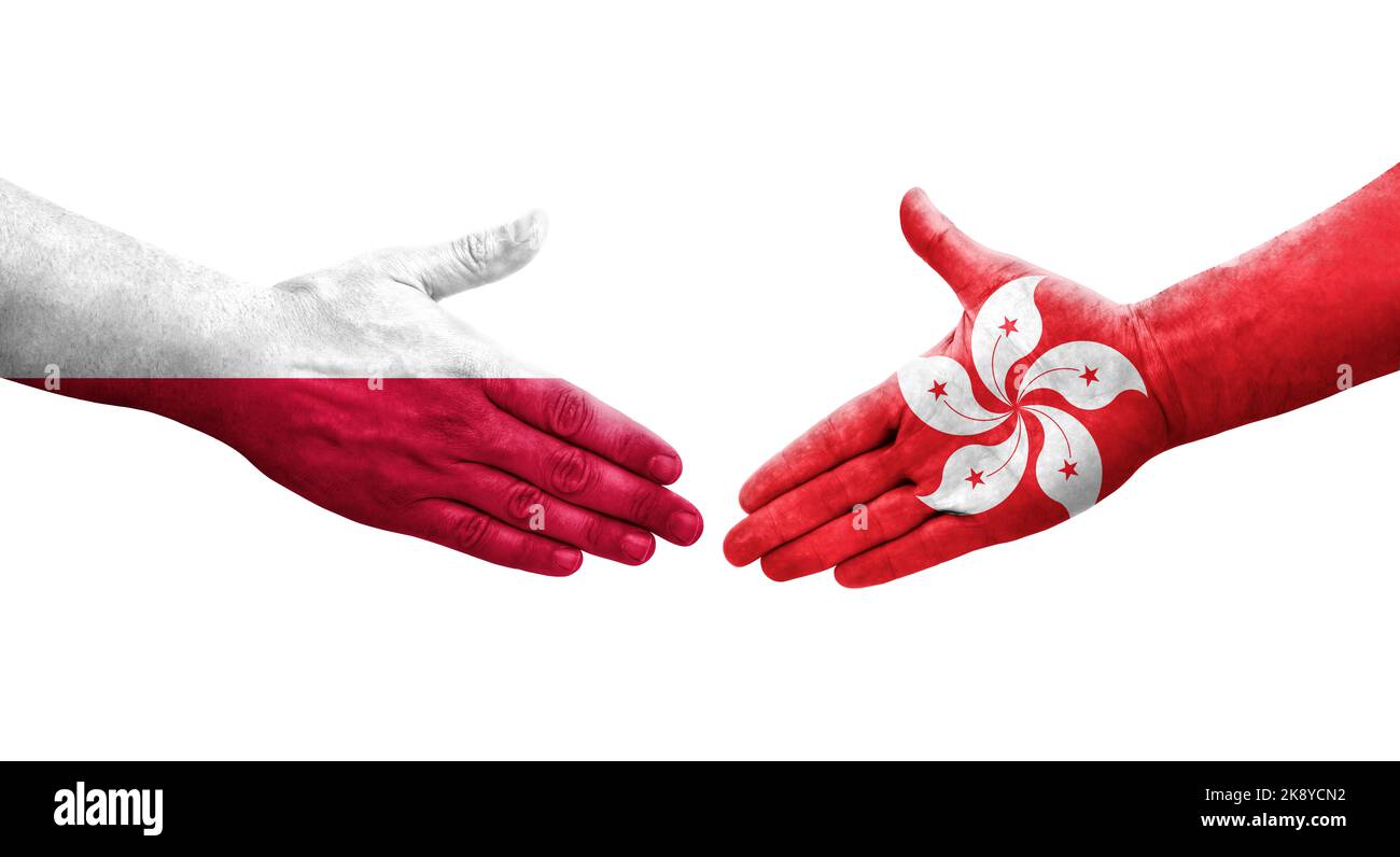Handshake between Hong Kong and Poland flags painted on hands, isolated ...