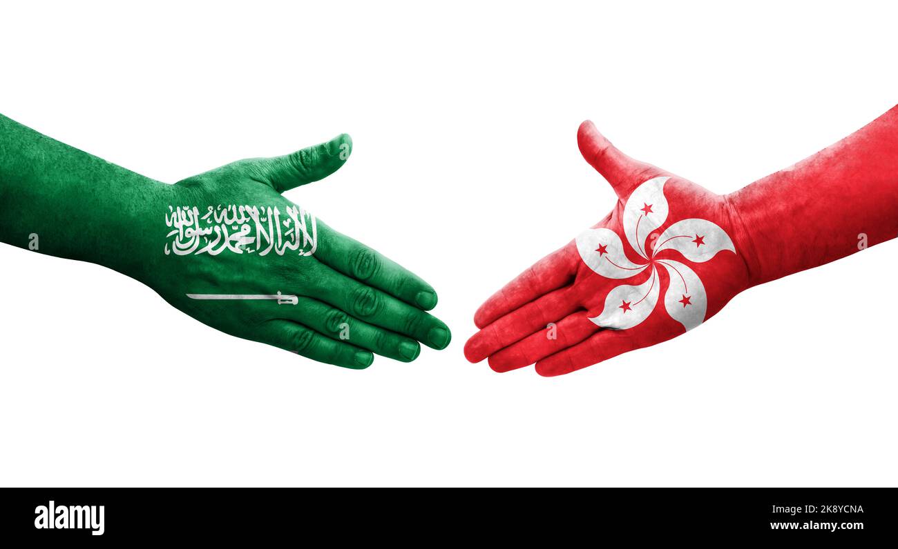 Handshake between Hong Kong and Saudi Arabia flags painted on hands ...