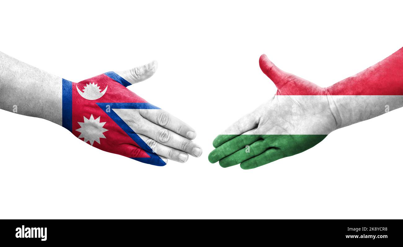 Handshake between Hungary and Nepal flags painted on hands, isolated ...